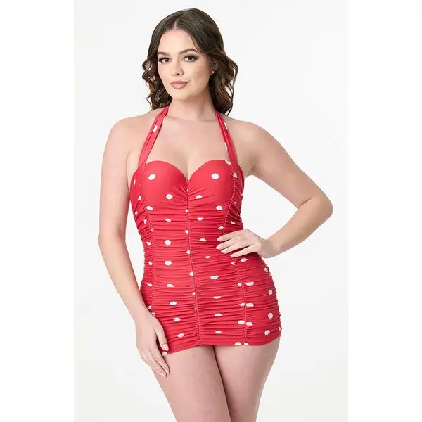 Unique Vintage Mansfield Halter One-piece Swimsuit - Red & White Dots