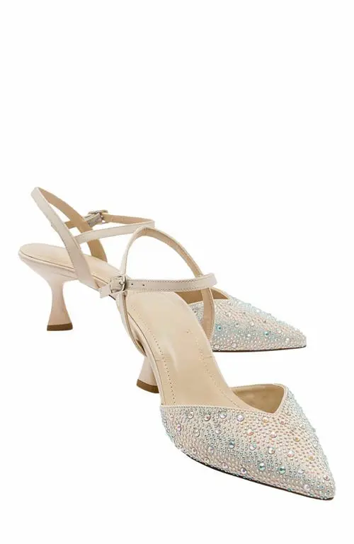 FOREVER & ALWAYS SHOES Vilka Embellished Slingback Kitten Heel Pumps - Beige Faux Leather