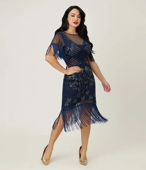 Unique Vintage Beaded Nadine Fringe Flapper Dress - Blue & Green Peacock Beaded