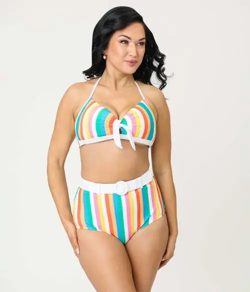 Unique Vintage High Waisted Redondo Bikini Bottom - Blue Rainbow Stripe
