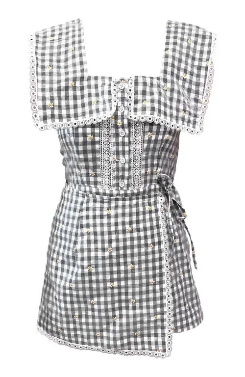 Anna Sui Daisy Embroidery Gingham Romper