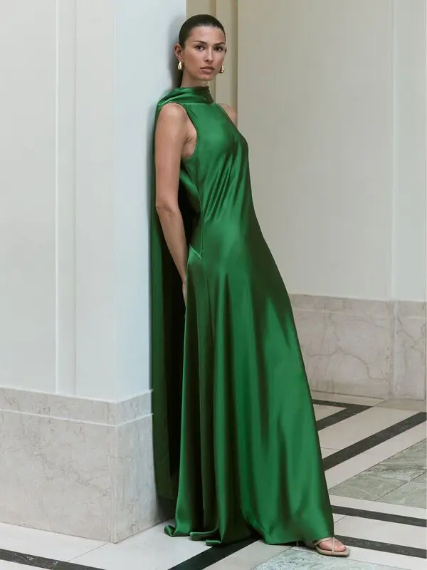 REISS Fae Satin Cape Maxi Dress - Green