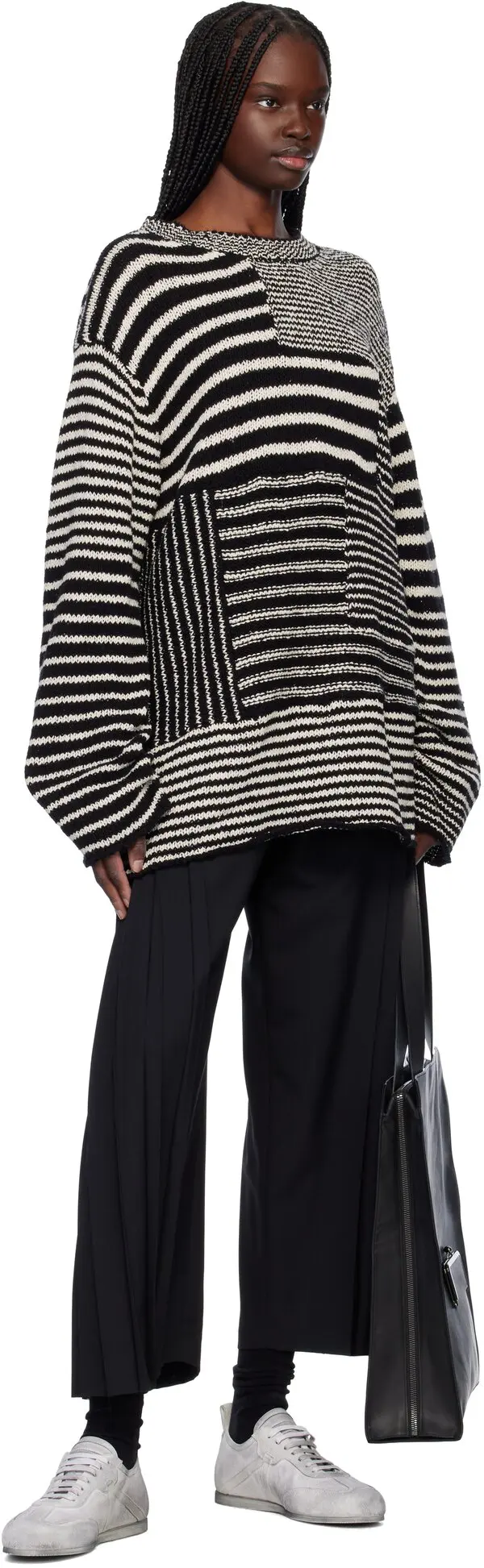 Yohji Yamamoto 3g1p Border Round Neck Knit Sweater Blk X Wht