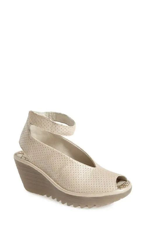 Fly London Yala Perforated Leather Wedge Sandal - Silver