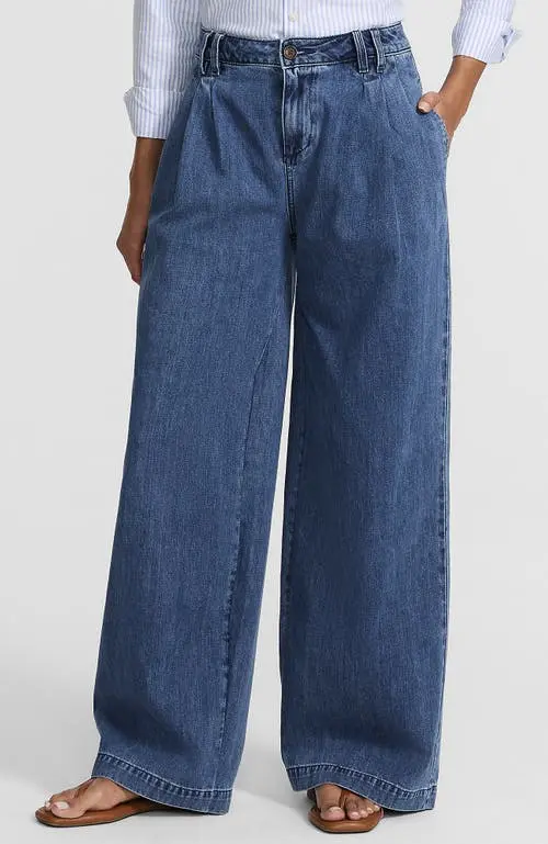 LANDS' END Lightweight Denim Mid Rise Pleated Slouchy Jeans - Canal Blue Wash