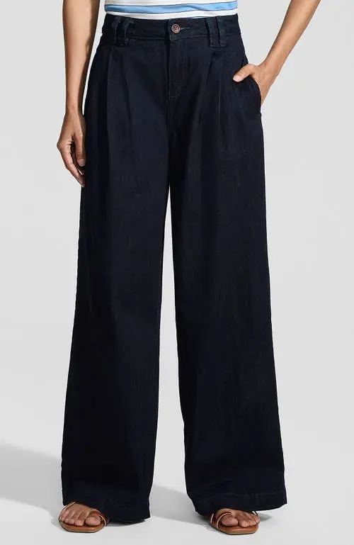 LANDS' END Lightweight Denim Mid Rise Pleated Slouchy Jeans - Deep Rinse