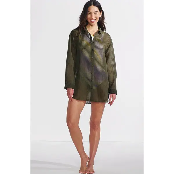 LANDS' END Cotton Gauze Button Down Swim Cover-up Shirt Dress - Rich Olive Green
