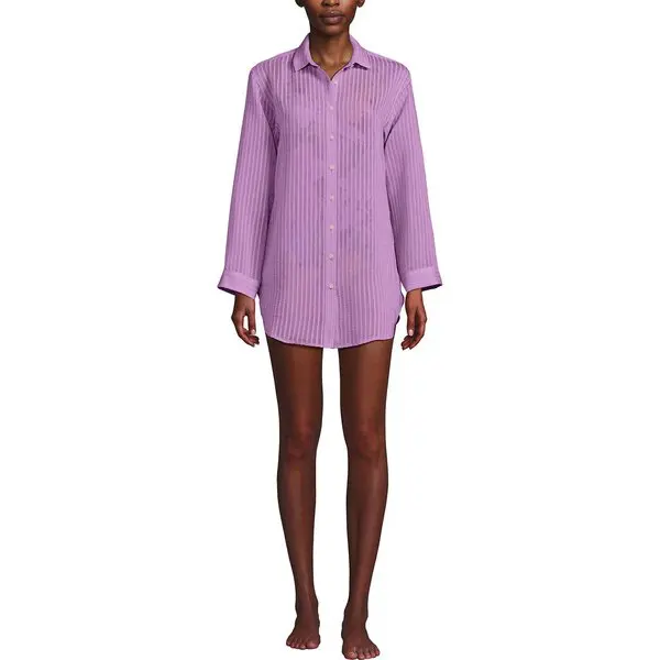 LANDS' END Cotton Gauze Button Down Swim Cover-up Shirt Dress - Wild Lilac