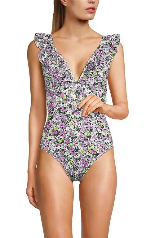 LANDS' END Pique Ruffle One-piece Swimsuit - White Multi Ditsy Floral