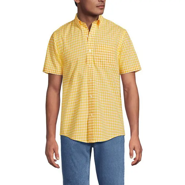 LANDS' END Short Sleeve Essential Lightweight Poplin - Goldenrod Gingham