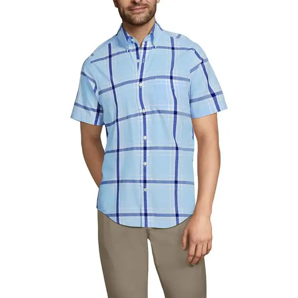 LANDS' END Short Sleeve Essential Lightweight Poplin - Light Blue Sky/cobalt Plaid