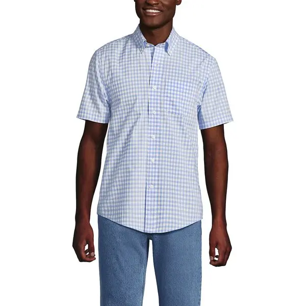 LANDS' END Short Sleeve Essential Lightweight Poplin - Light Sea Blue Gingham
