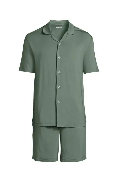 LANDS' END Short Sleeve Cooling Knit Short Set - Lily Pad Green