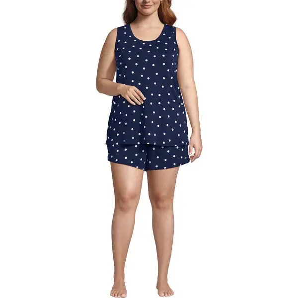 LANDS' END Cooling 3 Piece Pajama Setrobe Tank And Shorts - Deep Sea Navy Dot