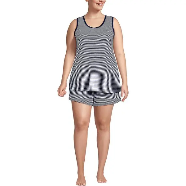 LANDS' END Cooling 3 Piece Pajama Setrobe Tank And Shorts - Deep Sea Navy Mini Stripe