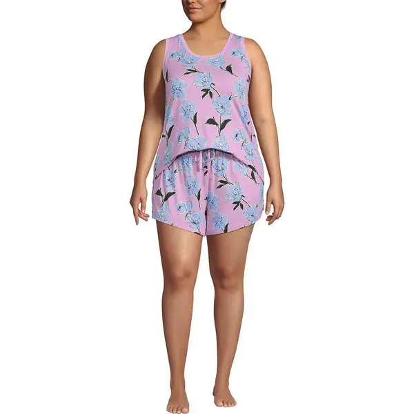 LANDS' END Cooling 3 Piece Pajama Setrobe Tank And Shorts - Lilac Breeze Etched Floral