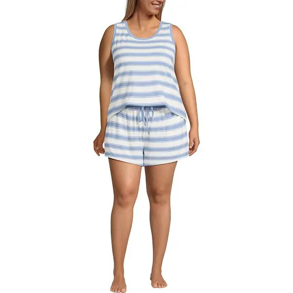 LANDS' END Cooling 3 Piece Pajama Setrobe Tank And Shorts - Misty Blue Stripe