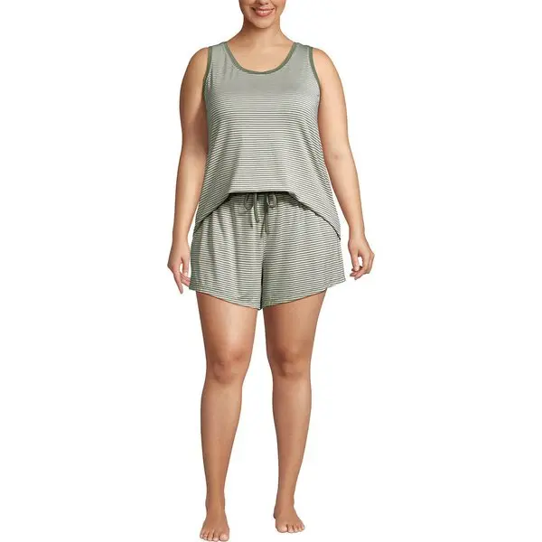 LANDS' END Cooling 3 Piece Pajama Setrobe Tank And Shorts - Sage Mini Stripe