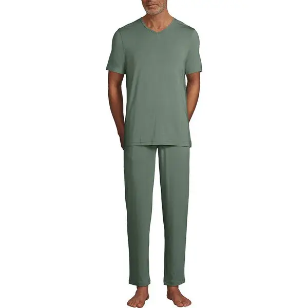 LANDS' END Short Sleeve Cooling Knit V-neck Pajama Set - Lily Pad Green