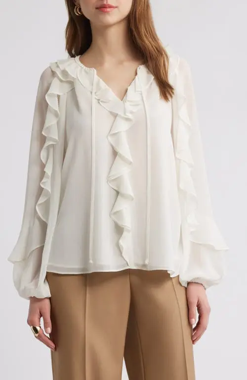 Kobi Halperin Ruffle Split Neck Chiffon Top
