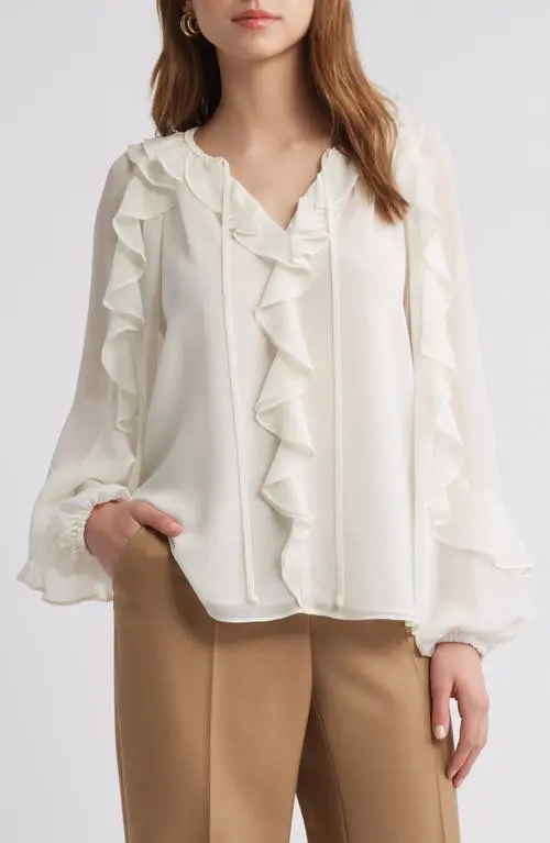 Kobi Halperin Ruffle Split Neck Chiffon Top