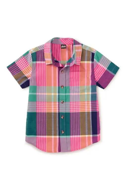 TEA COLLECTION Plaid Button Up Woven Shirt - Carnival Rainbow Plaid