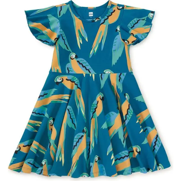 TEA COLLECTION Flutter Sleeve Twirl Dress - Blue & Yellow Macaws