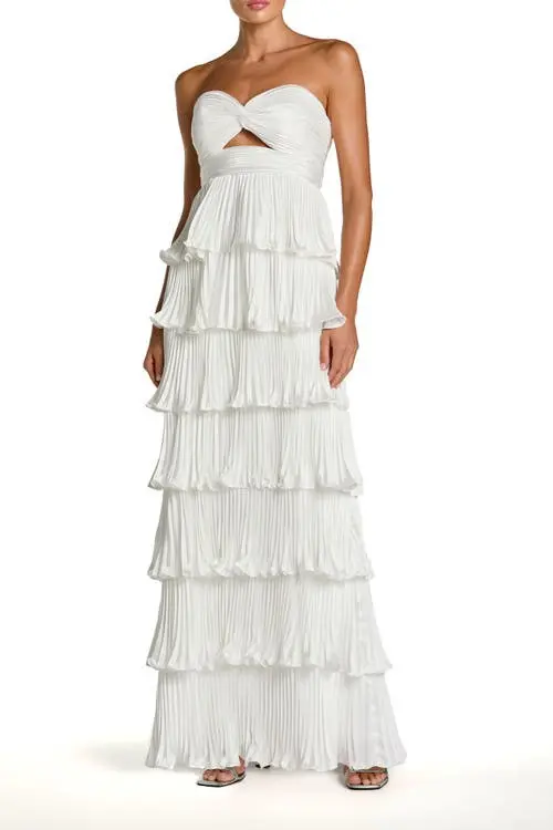Mac Duggal Pleated Charmeuse Strapless Tiered Ruffle Gown - Ivory