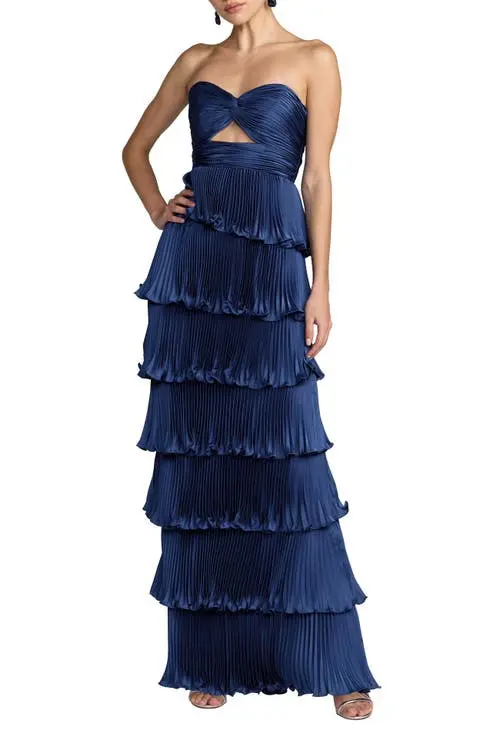 Mac Duggal Pleated Charmeuse Strapless Tiered Ruffle Gown - Navy