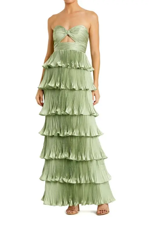 Mac Duggal Pleated Charmeuse Strapless Tiered Ruffle Gown - Sage