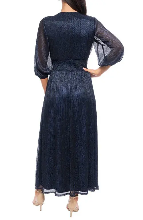 Marina B Pleated Metallic Maxi Dress - Navy | Editorialist