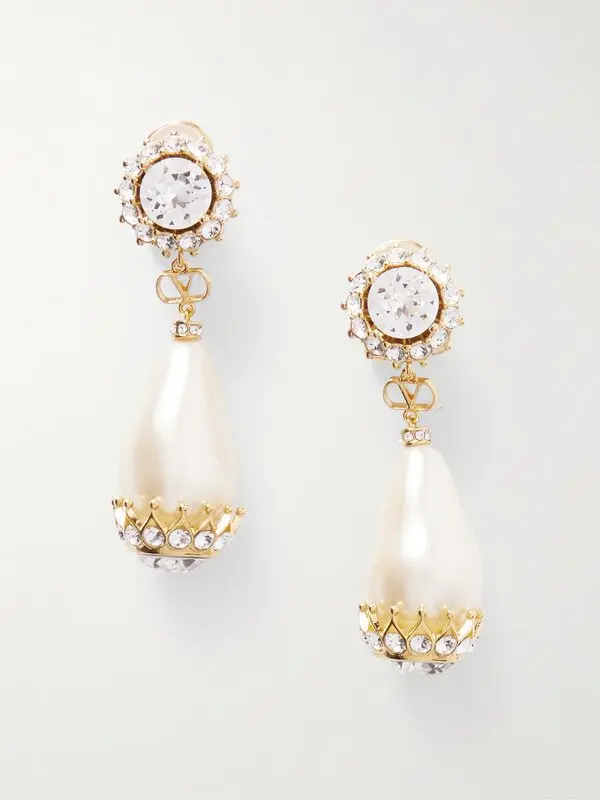 Valentino Garavani Gold-tone, Faux Pearl, Crystal And Resin Clip Earrings - White