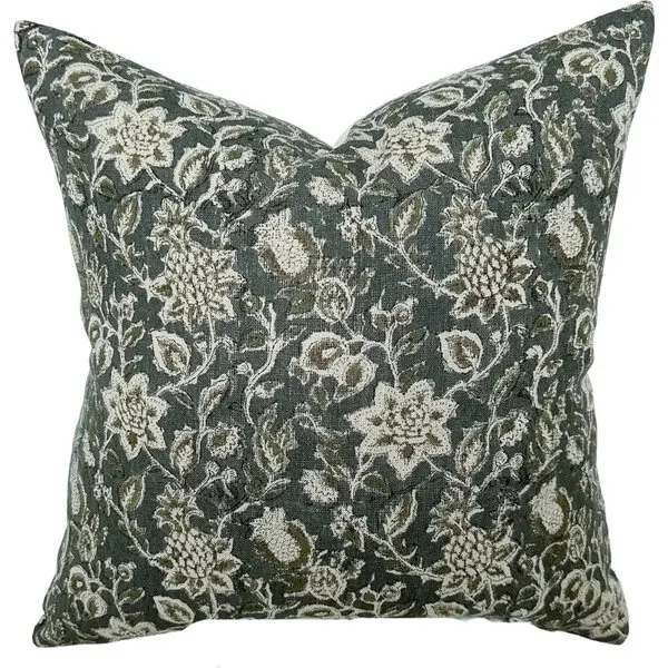LINEN & JAMES Willow Deep Blue & Sage Floral Pillow Cover - Slate Blue