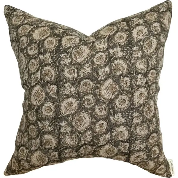 LINEN & JAMES Jordan Charcoal Tan Floral Handblock Pillow Cover - Charcoal Gray