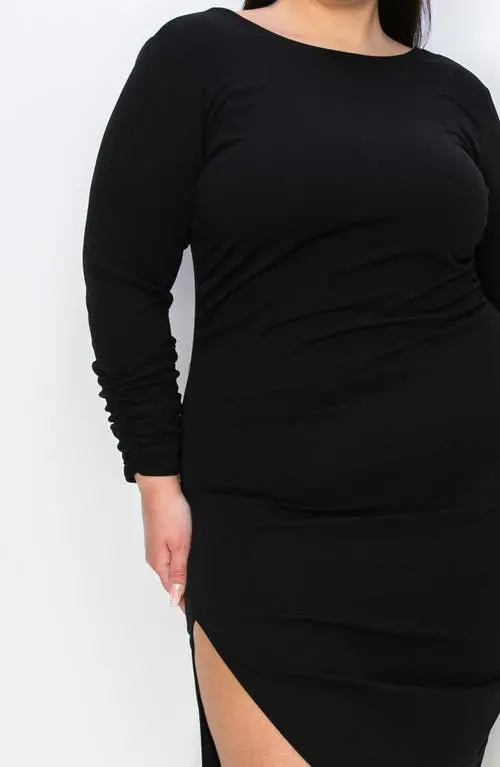 L I V D Bianca Open Back Side Slit Long Sleeve Stretch Dress - Black