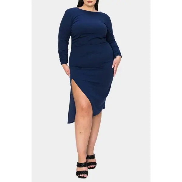 L I V D Bianca Open Back Side Slit Long Sleeve Stretch Dress - Navy