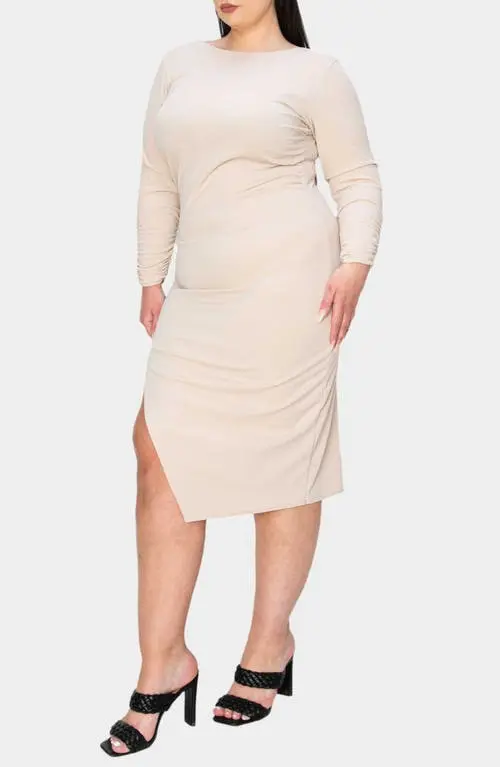 L I V D Bianca Open Back Side Slit Long Sleeve Stretch Dress - Oatmeal