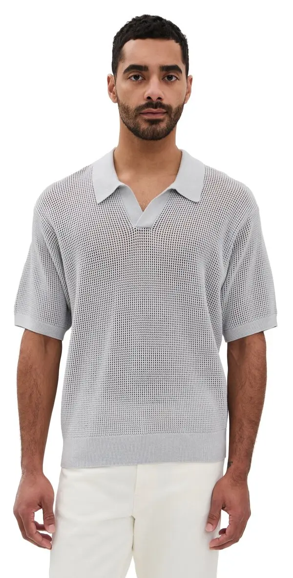 FRAME Open Weave Polo Sweater - Grey Blue