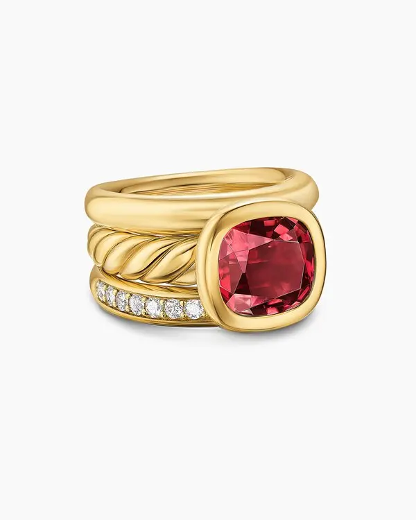 David Yurman Dy Mercer® Color Three Row Stone Ring In 18k Yellow Gold With Diamonds - Rhodolite Garnet