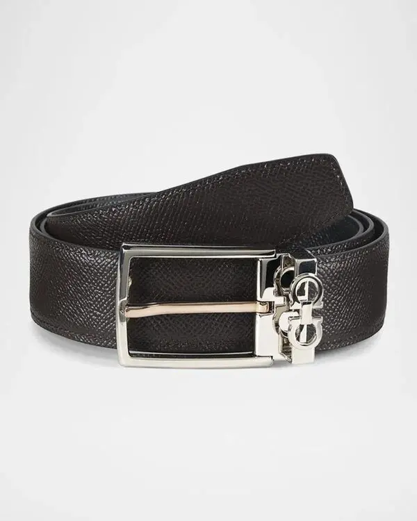 FERRAGAMO Reversible Textured Leather Belt With Gancini Buckle - Black