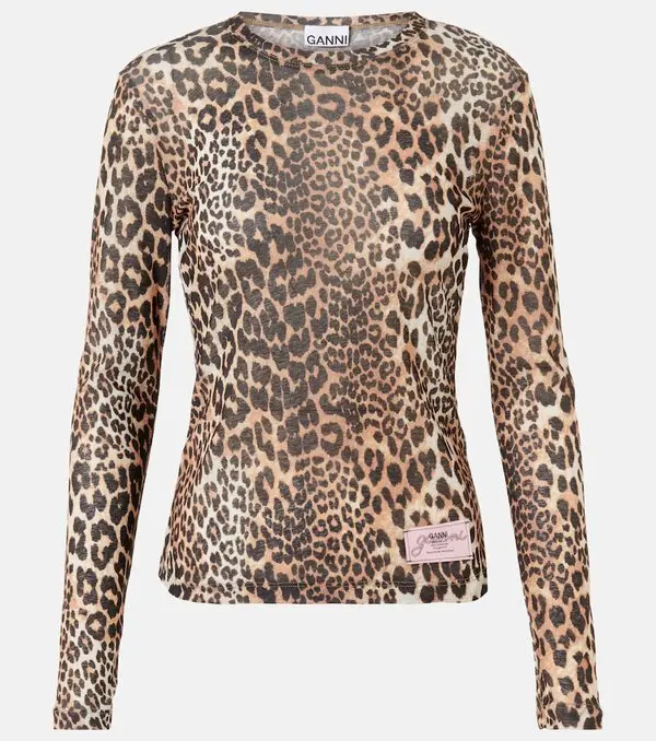 GANNI Leopard-print Mesh Top - Brown
