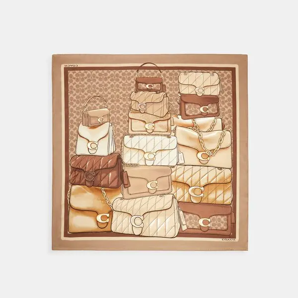 COACH Stacked Tabby Bags Print Silk Square Scarf - Tan