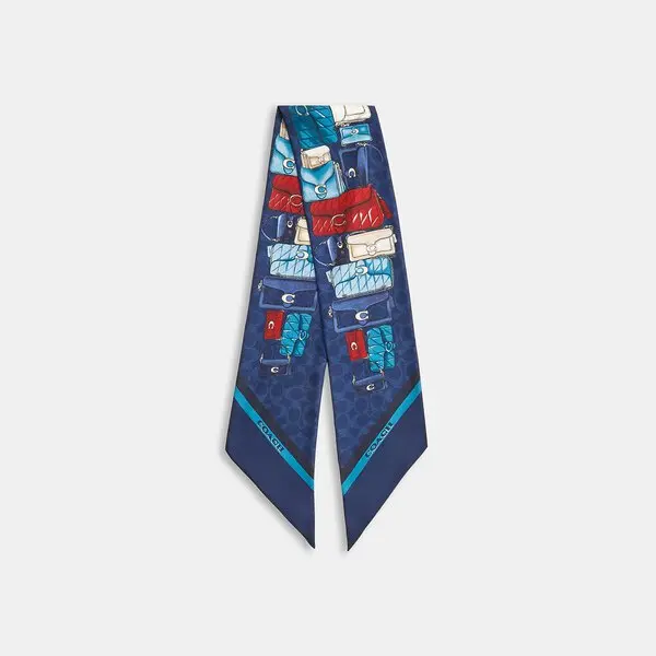 COACH Stacked Tabby Bags Print Silk Skinny Scarf - Navy Multi