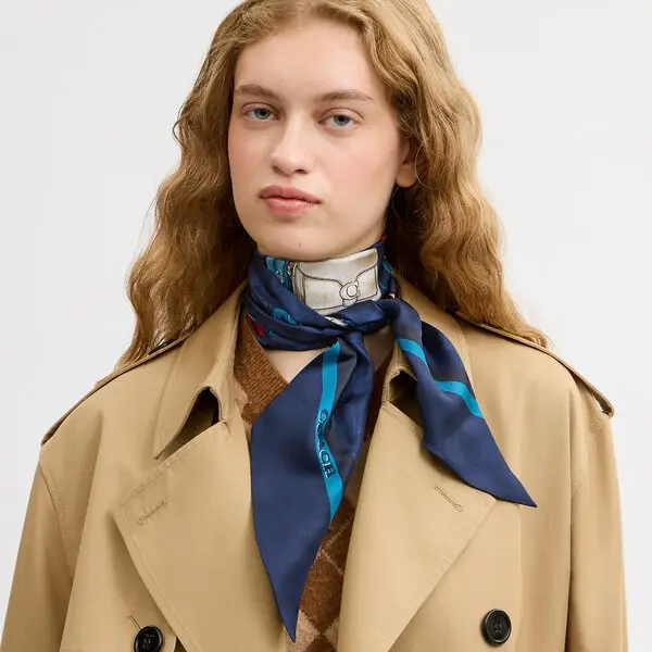 COACH Stacked Tabby Bags Print Silk Skinny Scarf - Navy Multi