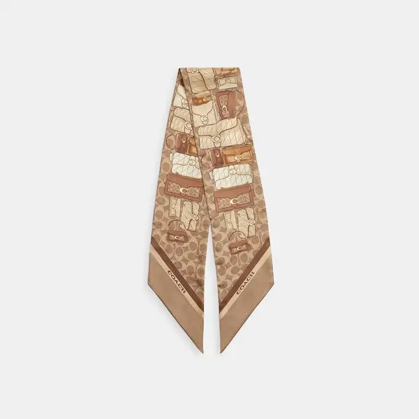 COACH Stacked Tabby Bags Print Silk Skinny Scarf - Tan