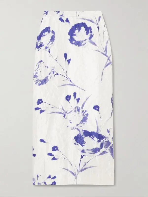 Erdem Crinkled Printed Satin-twill Midi Skirt - White