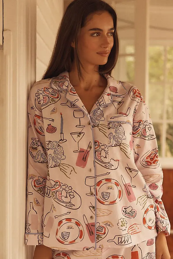 LYREBIRD Cloud Flannel Pajama Top - Phthalo Ruth Dinner Party Print