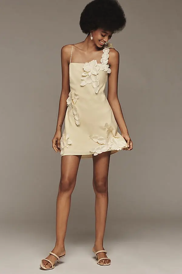 3d floral appliqué linen blend dress Hutch Floral Appliqué Linen Blend Mini Dress In Yellow - 68% Off