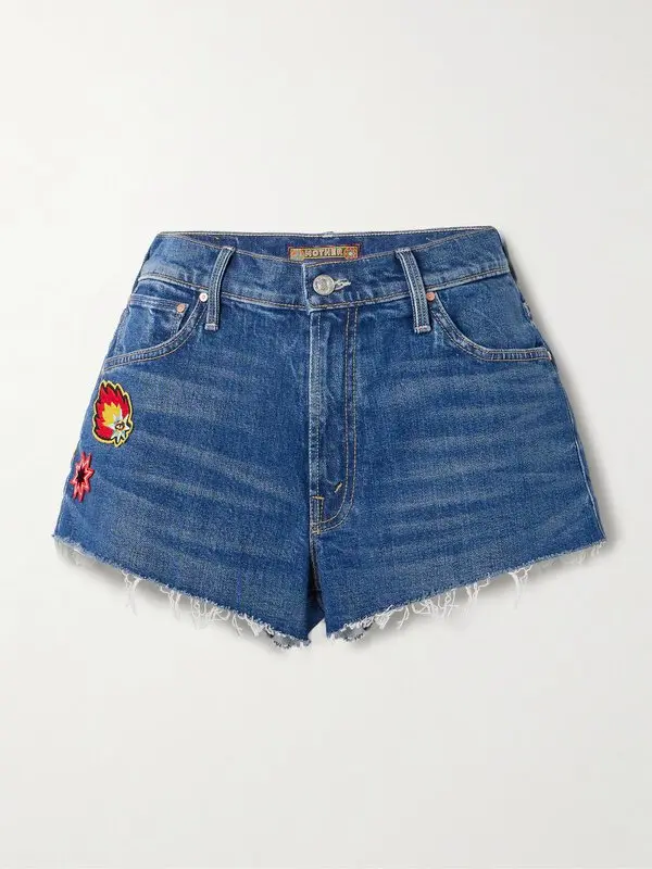 MOTHER La Doublej The Dodger Appliquéd Denim Shorts - Blue