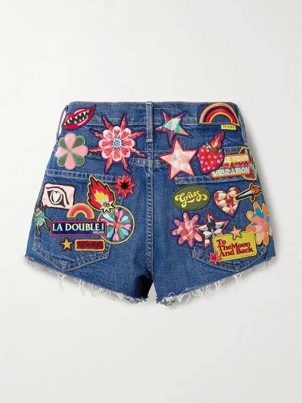 MOTHER La Doublej The Dodger Appliquéd Denim Shorts - Blue